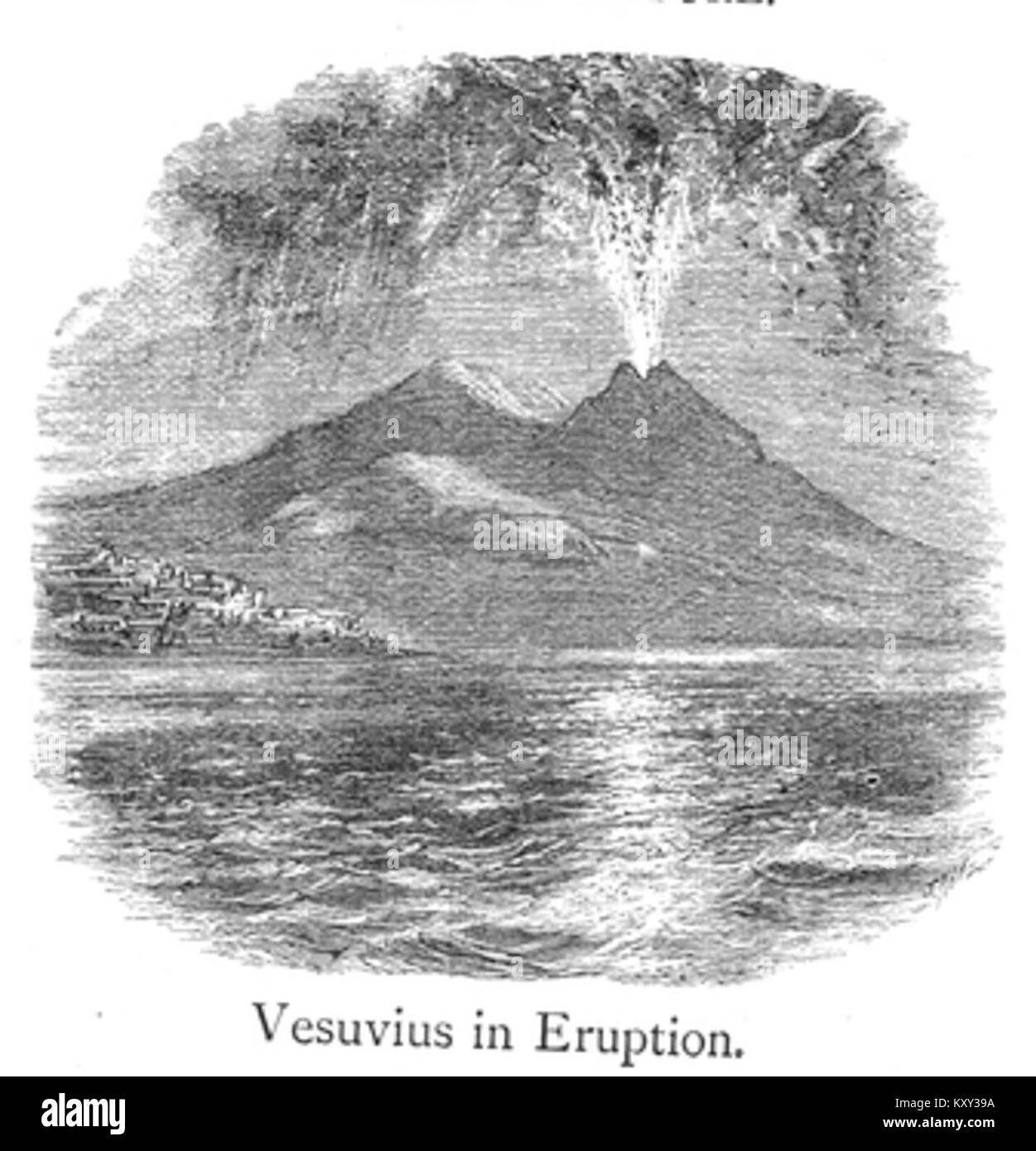 Drawing depicting a volcanic eruption, showing lava flow, smoke, and ...