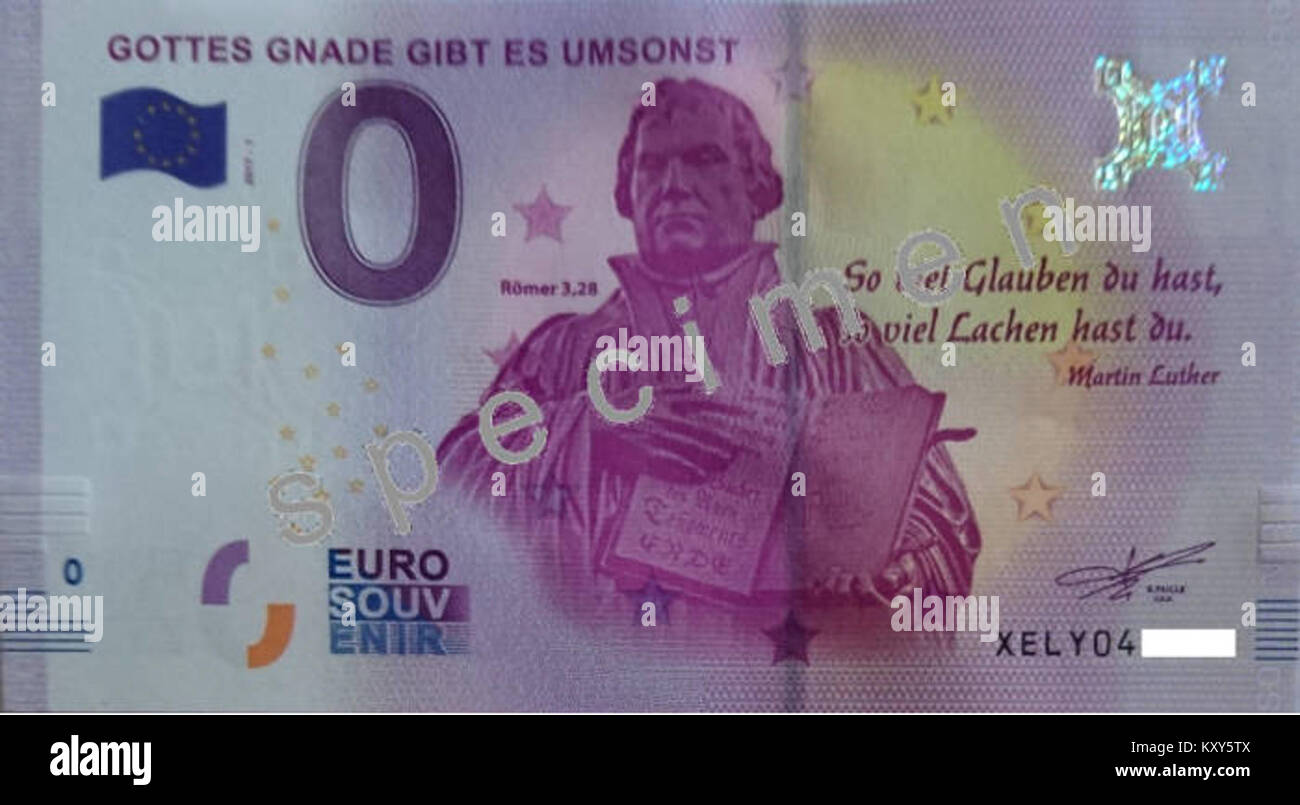 The obverse side of the 0 Euro souvenir note from the 2017 series ...