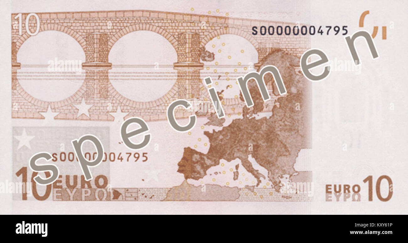 The 2002 issue €10 banknote reverse side shows a Romanesque archway, a ...