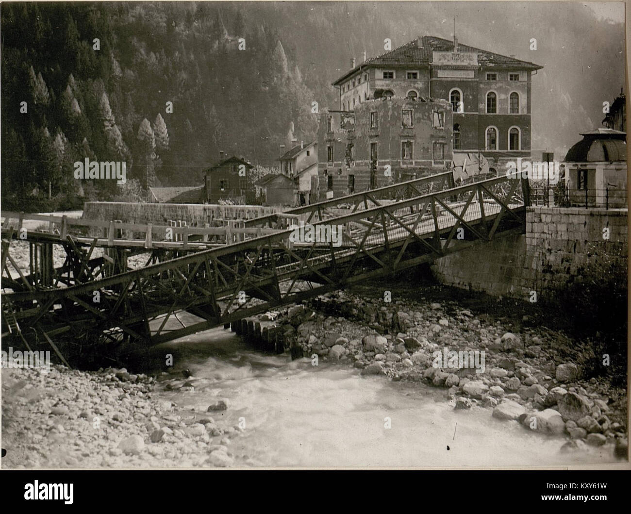 A destroyed road bridge at Pontafel-Pontebba photographed during World ...