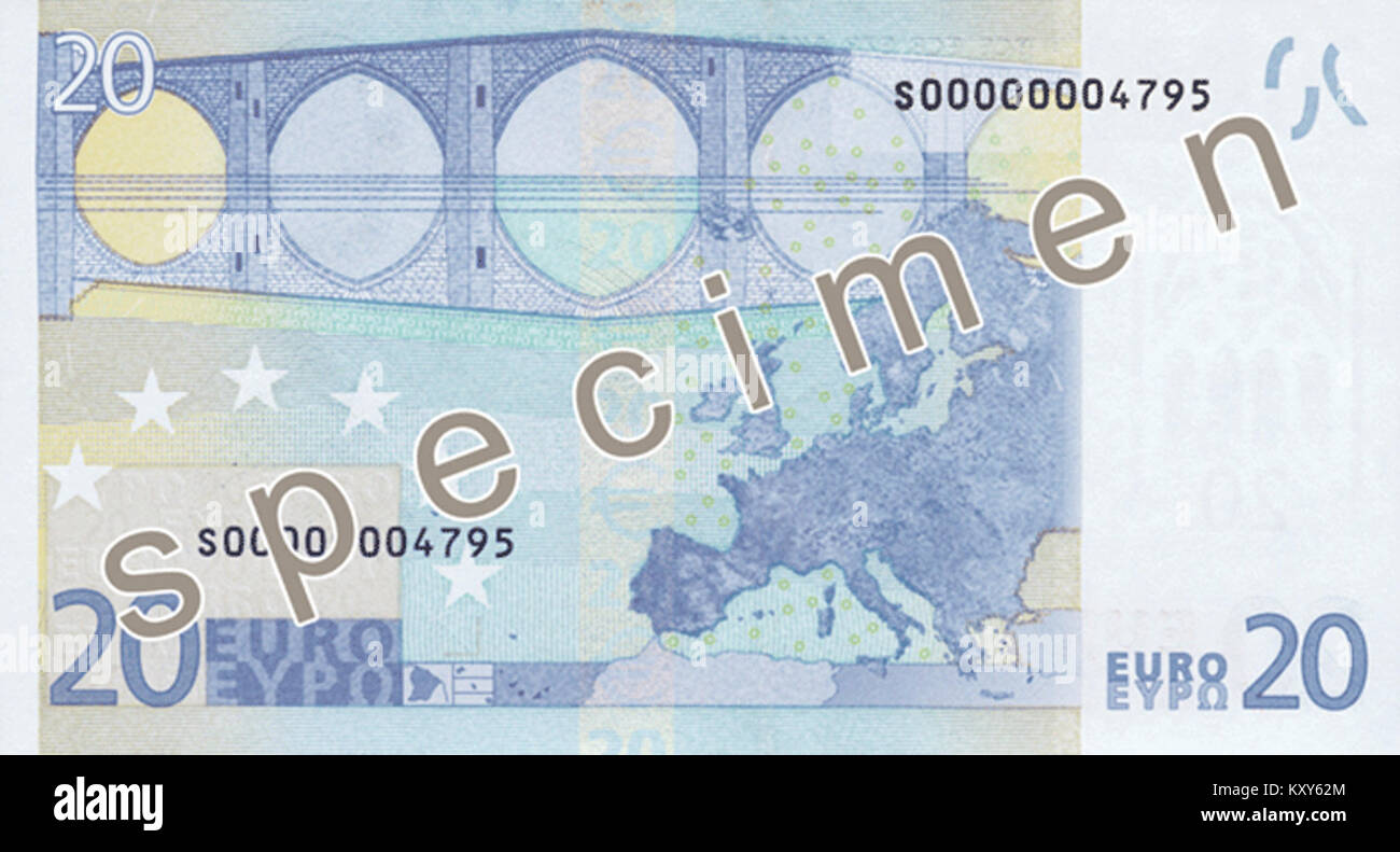The reverse side of the 20 Euro note from the 2002 series, depicting ...