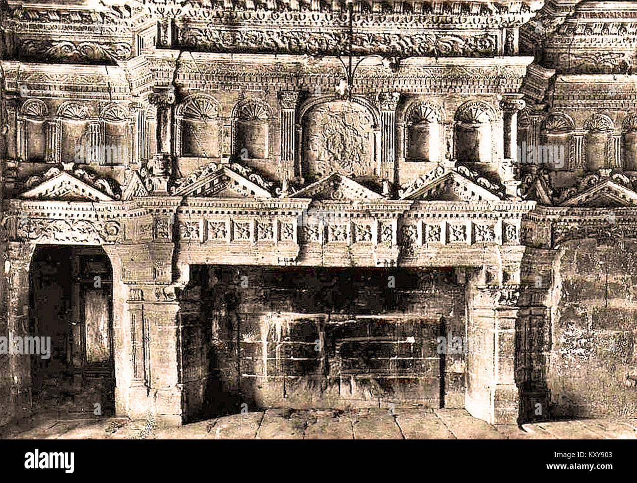 This historical image depicts the Renaissance-style fireplace from ...