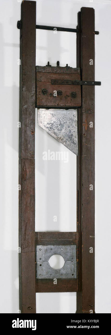 This image depicts the guillotine from Geneva, used in executions ...