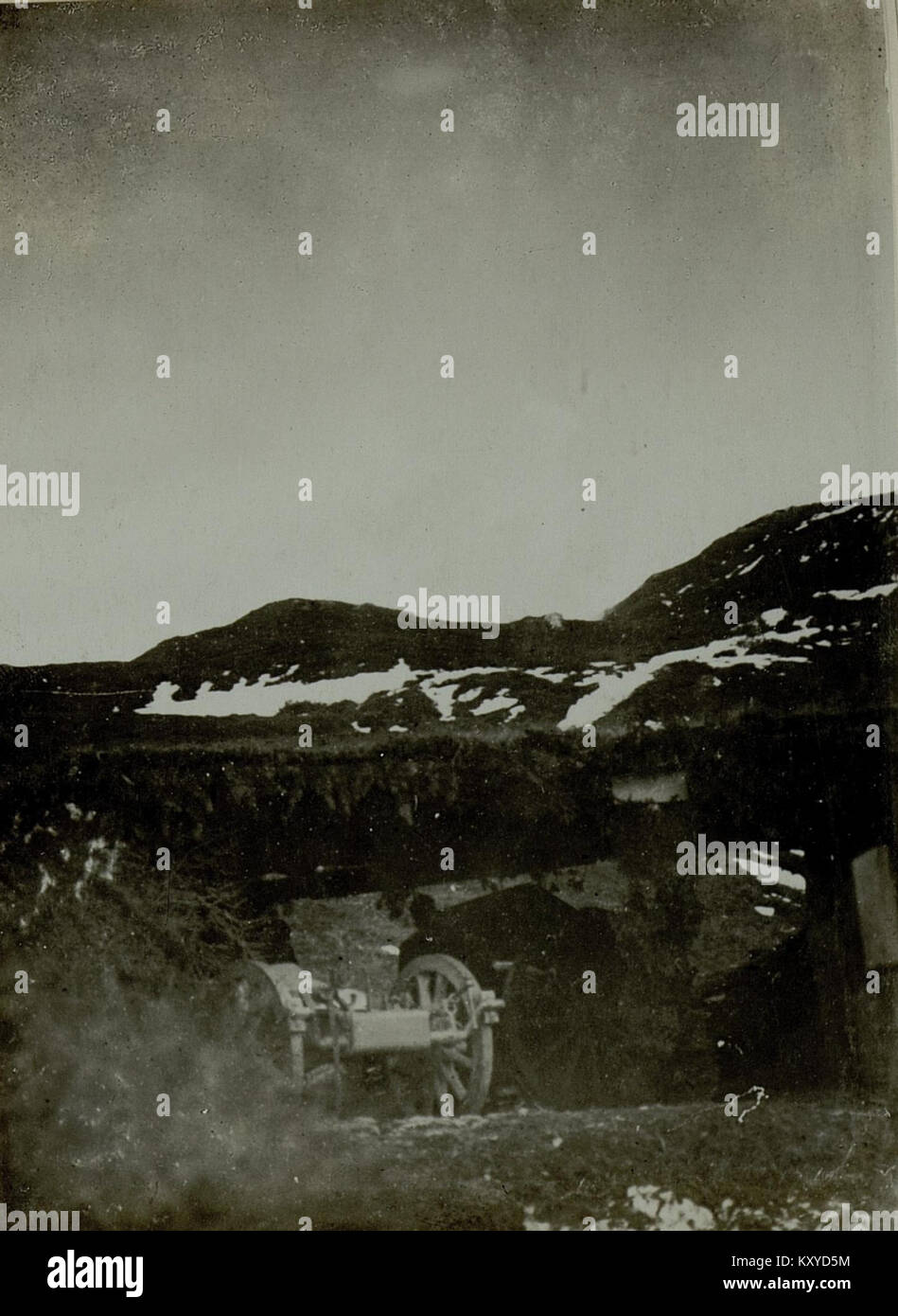 Photograph showing an artillery shell explosion at a military position ...