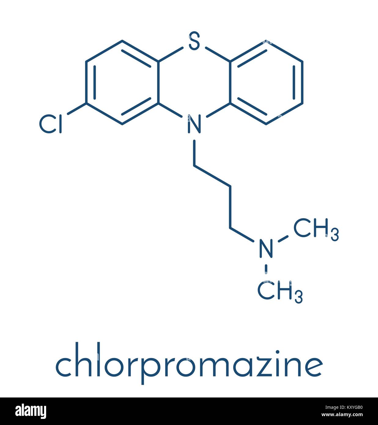 Chlorpromazine (CPZ) antipsychotic drug molecule. Used to treat schizophrenia. Skeletal formula ...