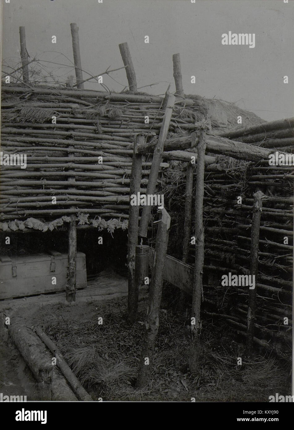 A World War I photograph showing a grenade storage area and alarm gong ...