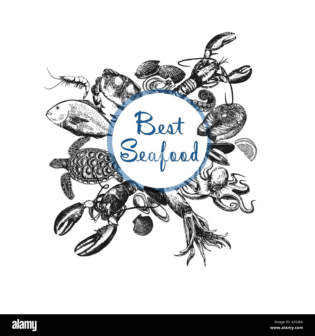 Set of hand drawn sketch style seafood. Vector illustration isolated on ...