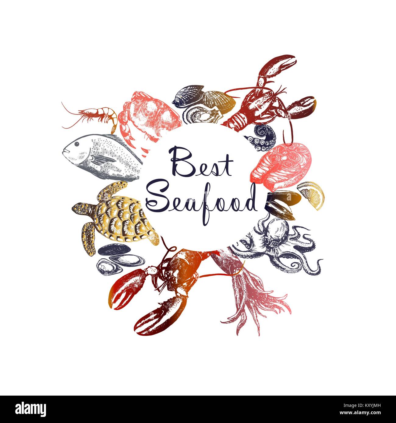 Set of hand drawn sketch style seafood. Vector illustration isolated on ...