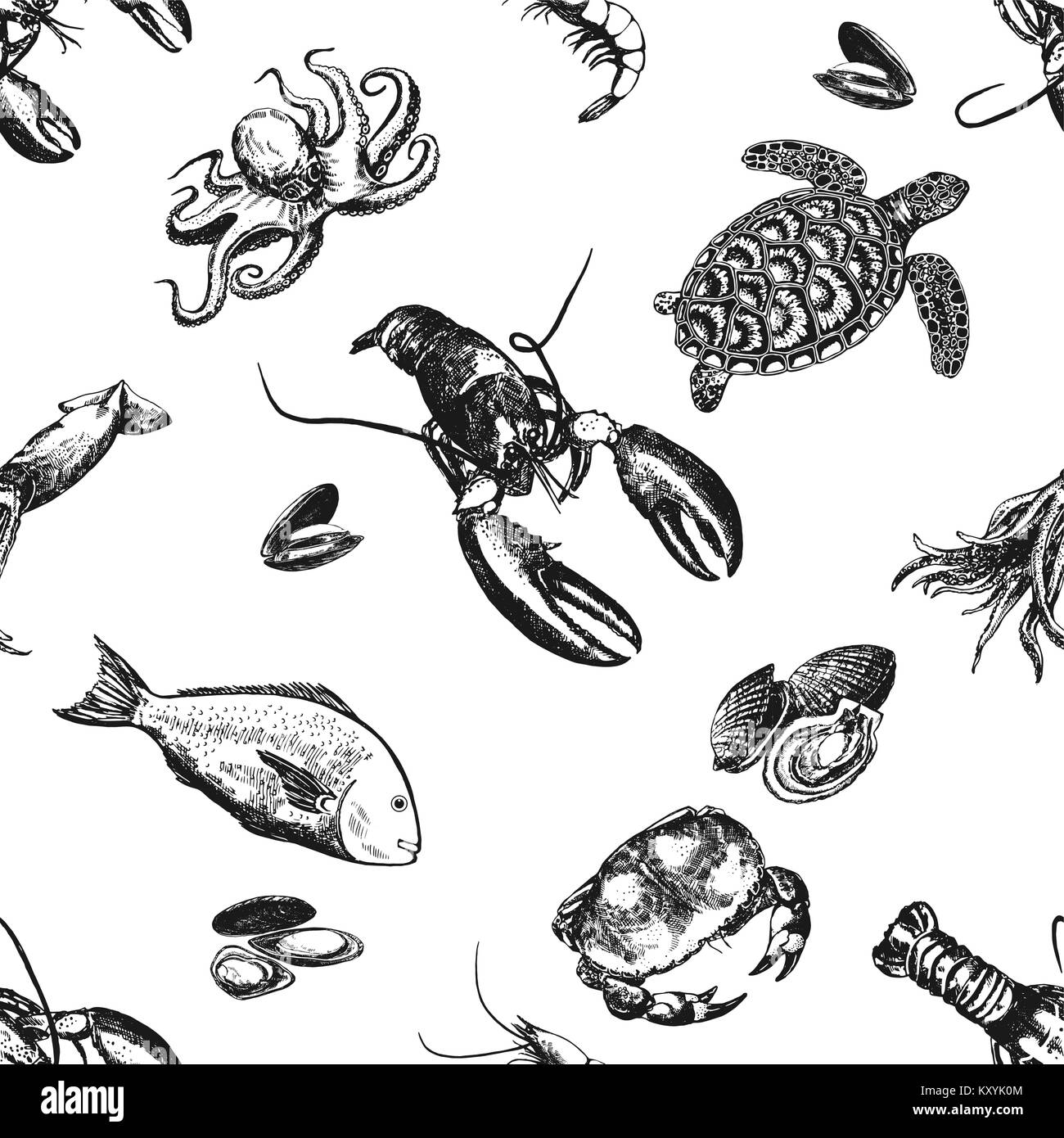 Seamless pattern of hand drawn sketch style seafood. Vector ...
