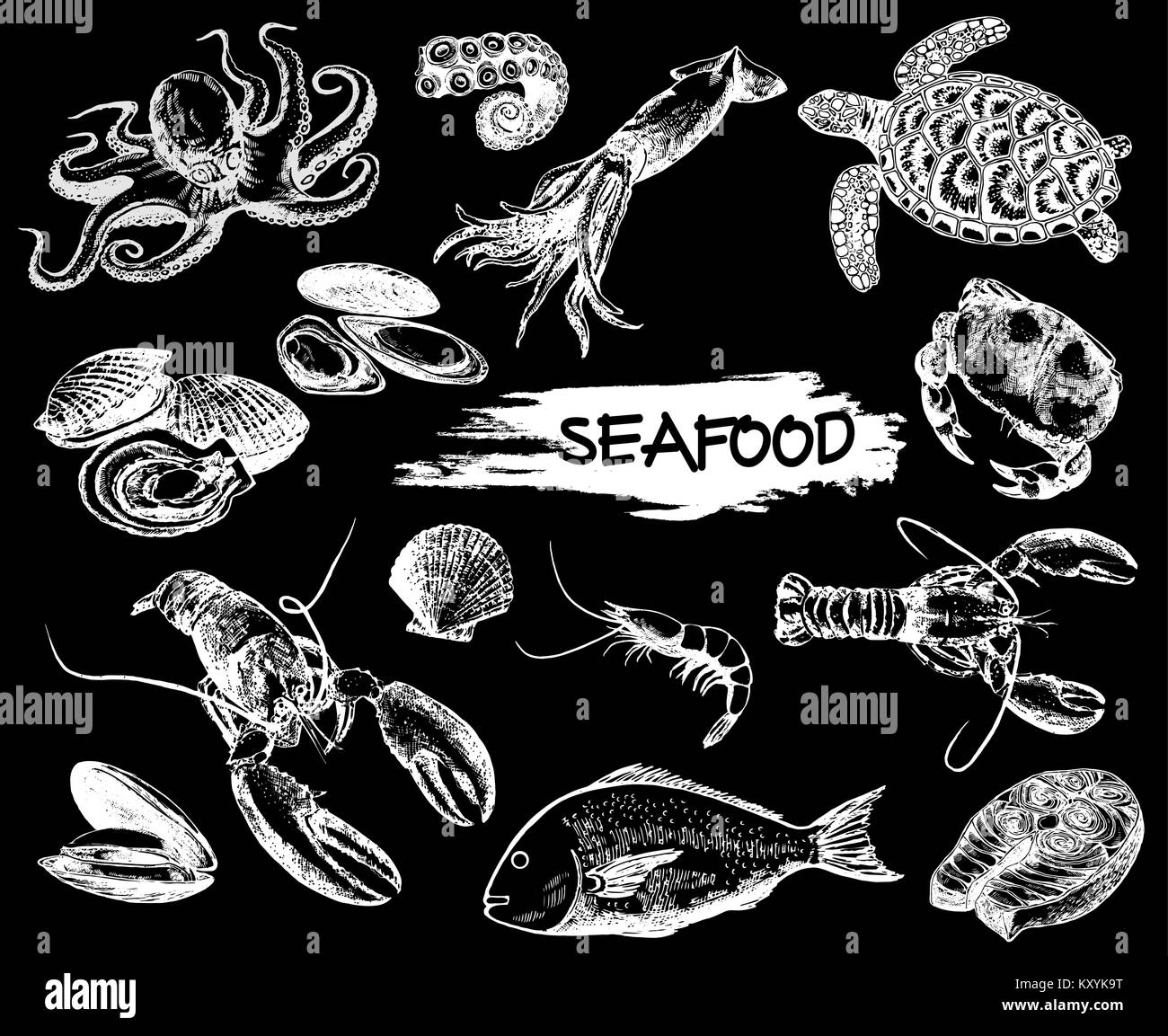 Set of hand drawn sketch style seafood. Vector illustration isolated on ...