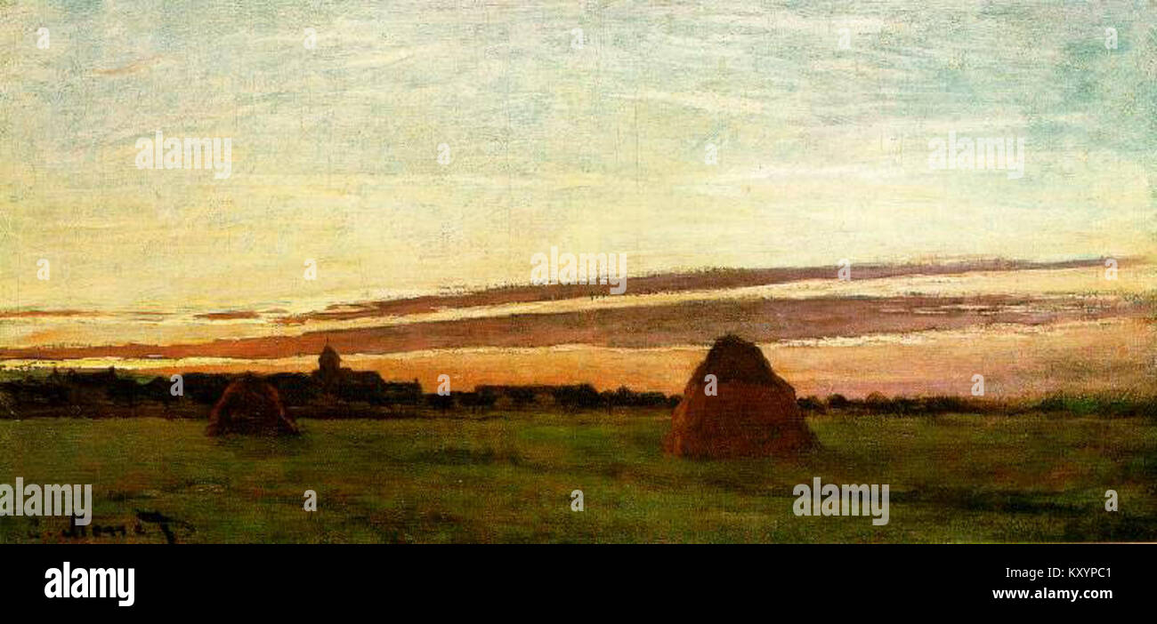This 1865 painting depicts haystacks at Chailly during sunrise ...