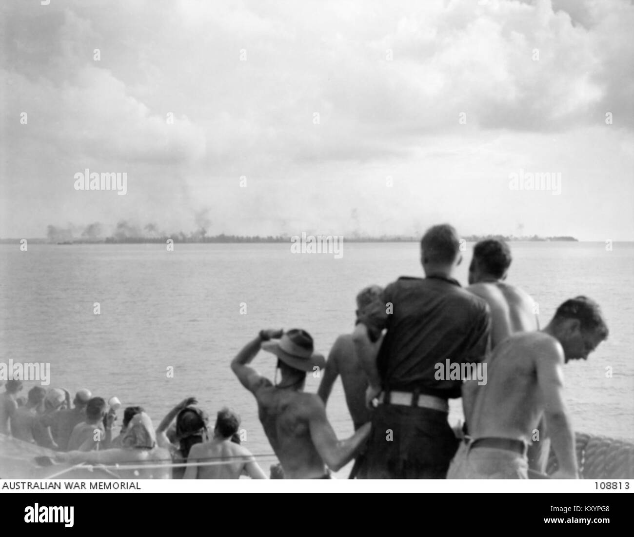 A depiction of the heavy Allied attack on Labuan during World War II ...