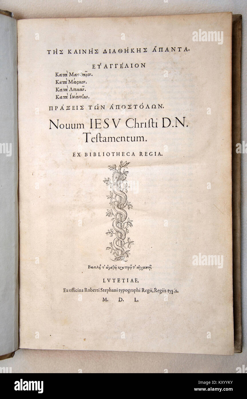 Title page from the 1550 Stephens Greek New Testament, the Textus ...