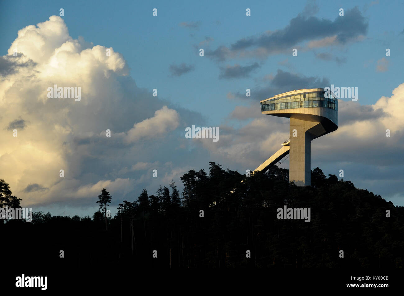 Bergisel Ski Jump designed by Zaha Hadid seen from A13 Brenner Autobahn ...