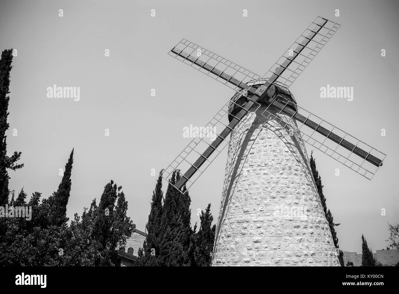 Black and white picture of Old Moses Montefiore windmill in holy city ...