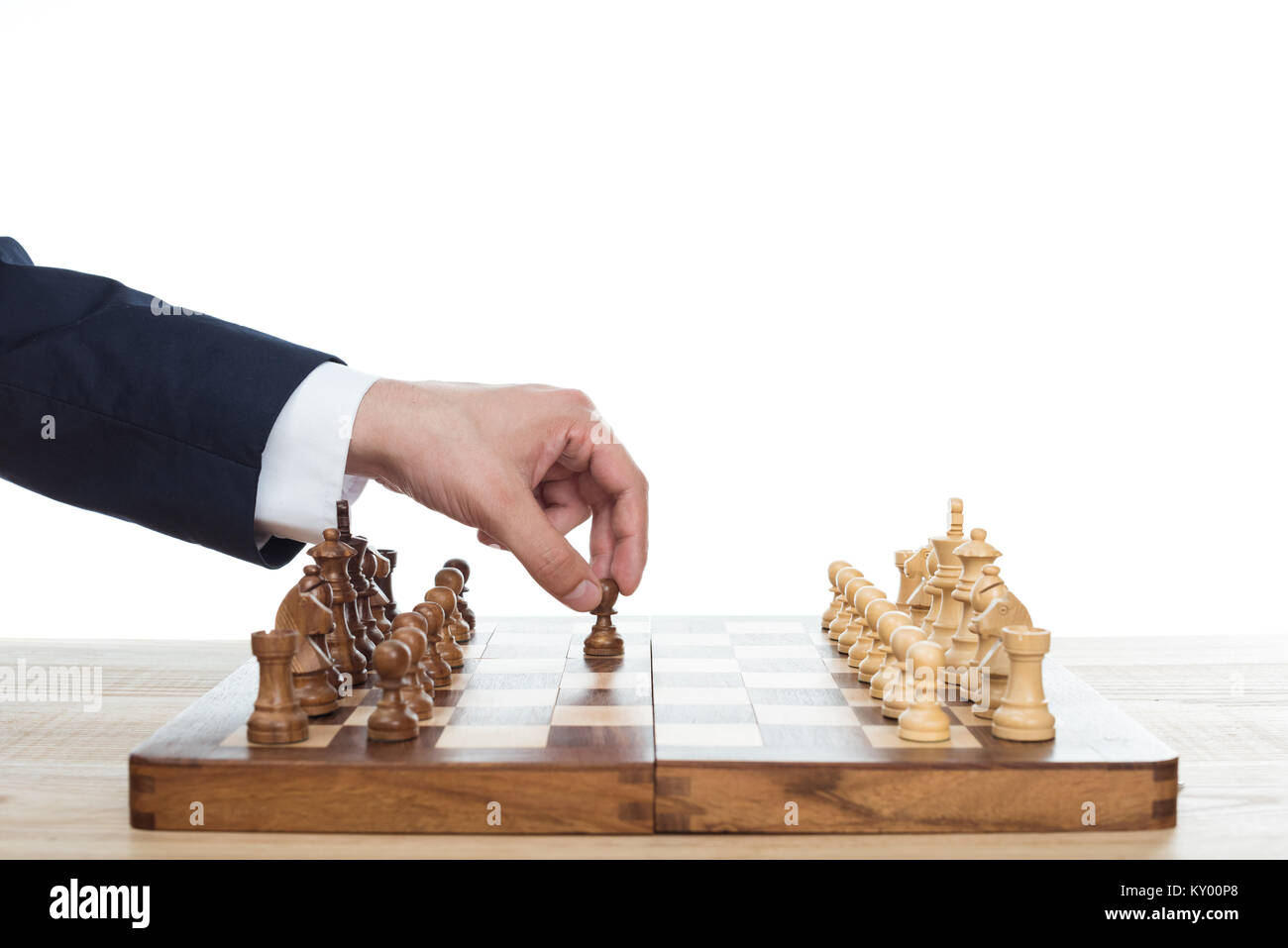 cropped view of businessman playing chess alone isolated on white Stock ...