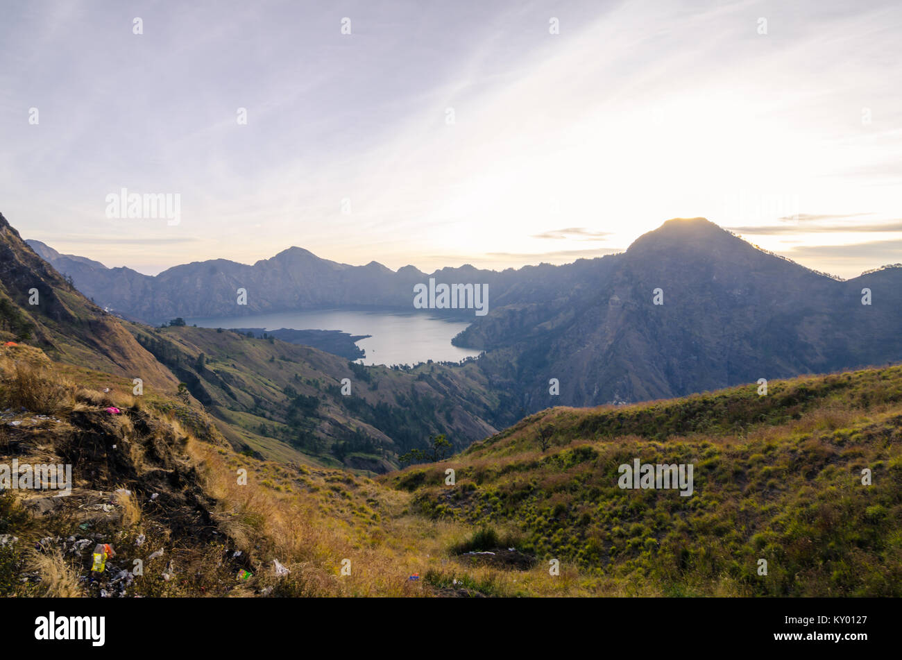Volcano crater of Mount Rinjani. The mountain is in the Regency of ...