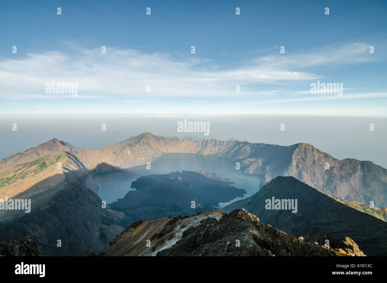 View from the summit of Mount Rinjani. The mountain is in the Regency ...