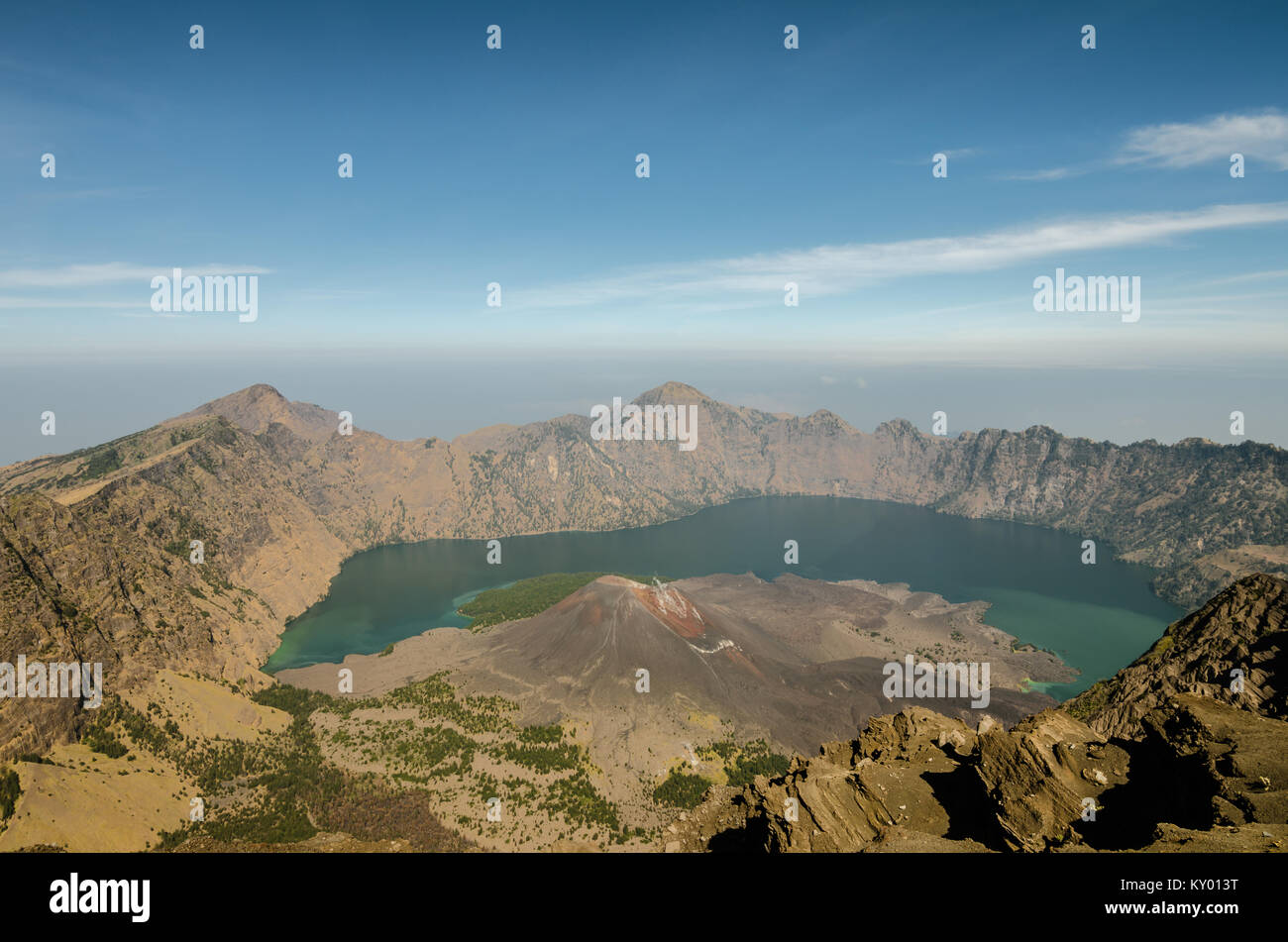 View from the summit of Mount Rinjani. The mountain is in the Regency ...