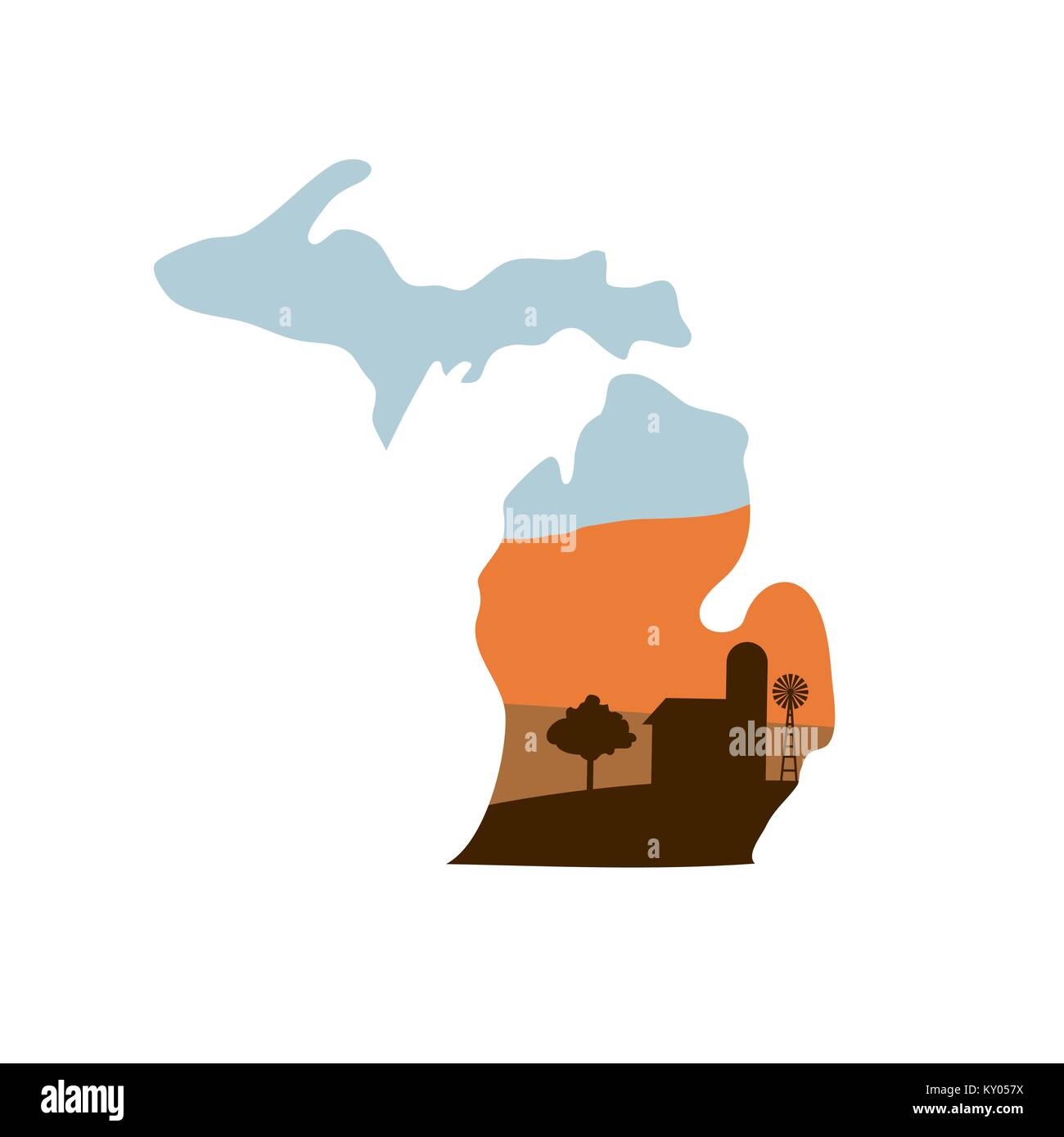 Michigan State Shape w Farm at Sunset with Windmill, Barn, and a Tree ...