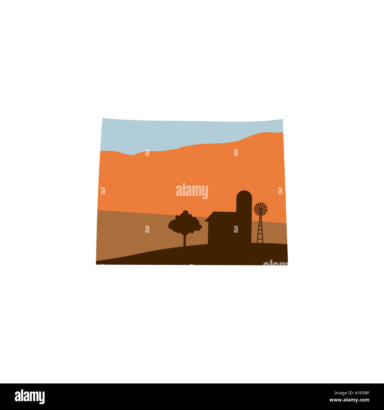 Wyoming State Shape w Farm at Sunset with Windmill, Barn, and a Tree ...