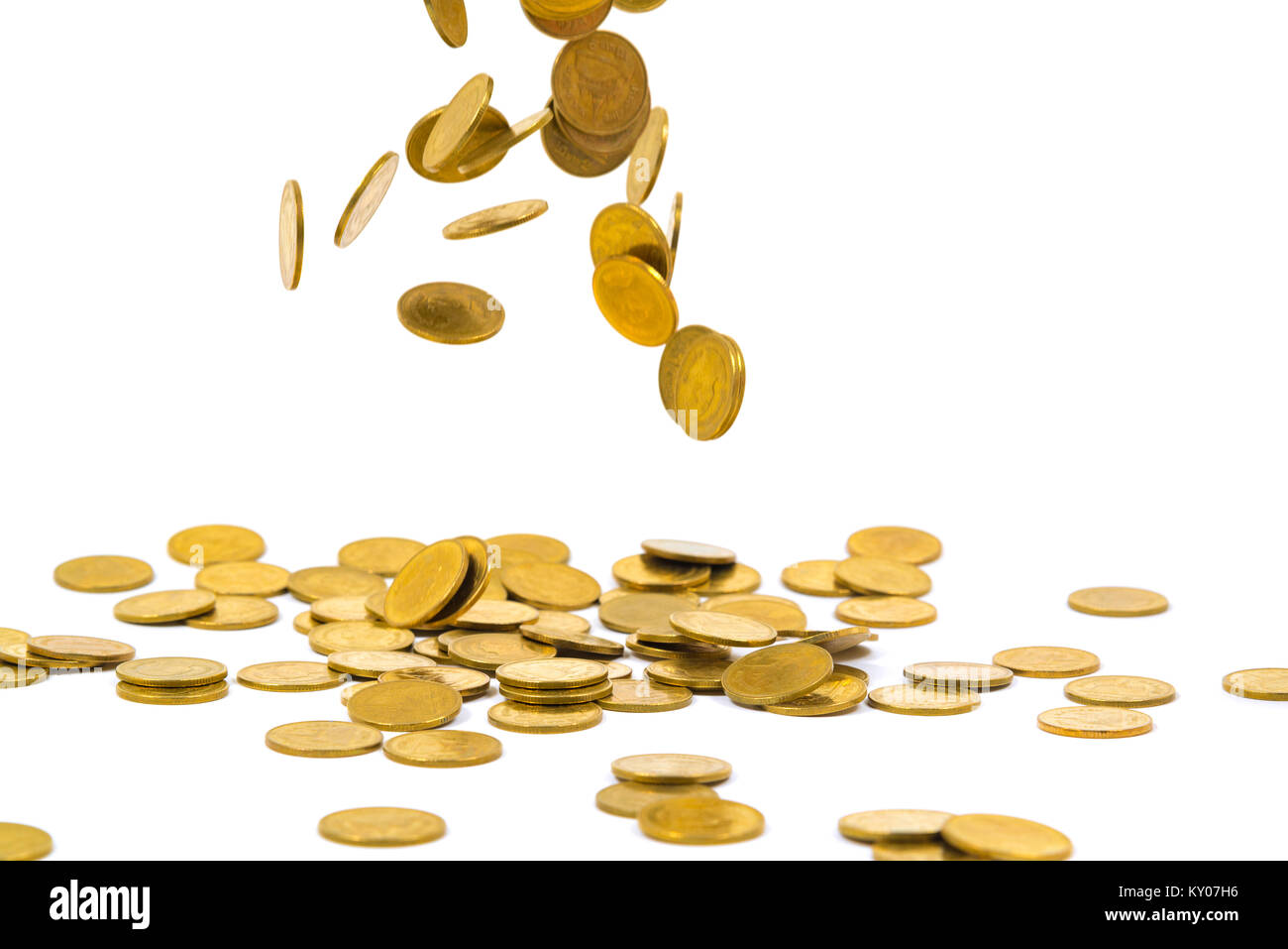 Falling gold coins money isolated on the white background, business ...