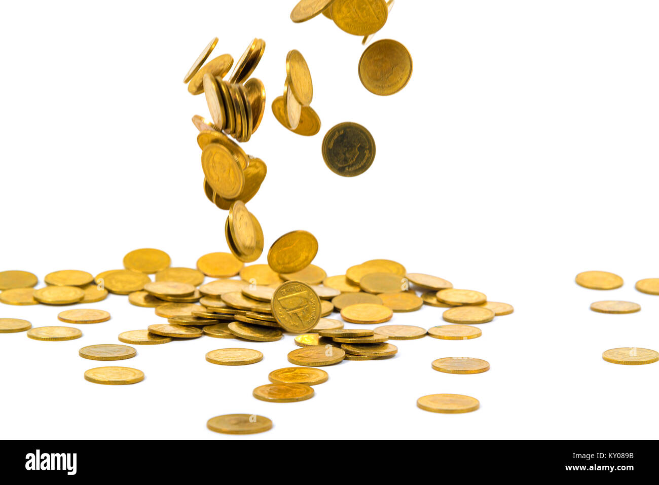 Falling gold coins money isolated on the white background, business ...
