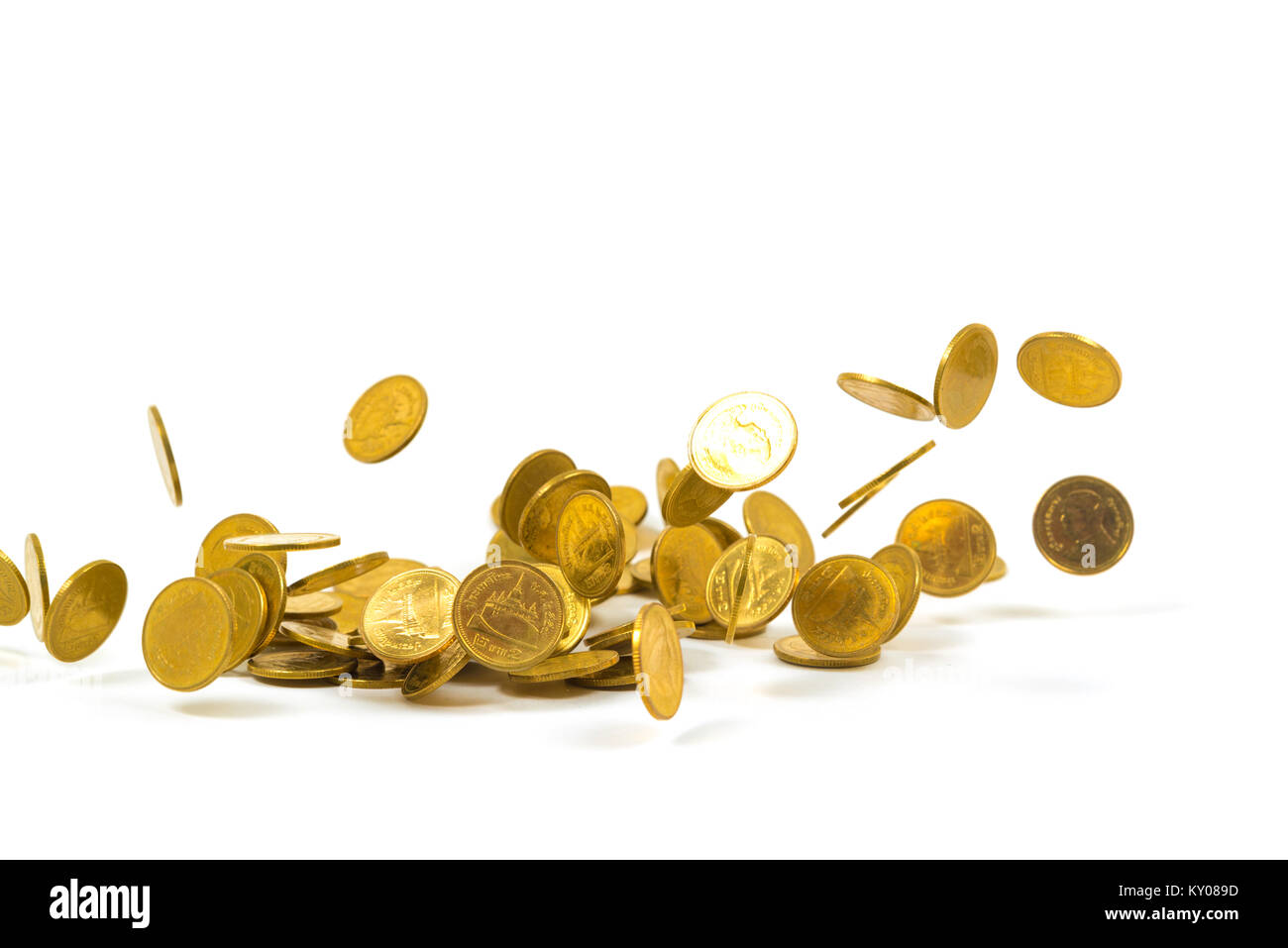 Falling gold coins money isolated on the white background, business ...