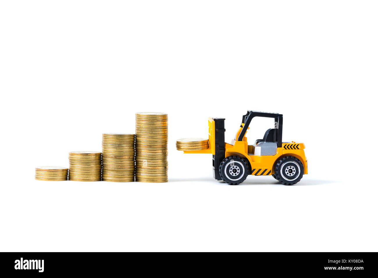 Mini forklift truck loading stack coin with steps of gold coin ...