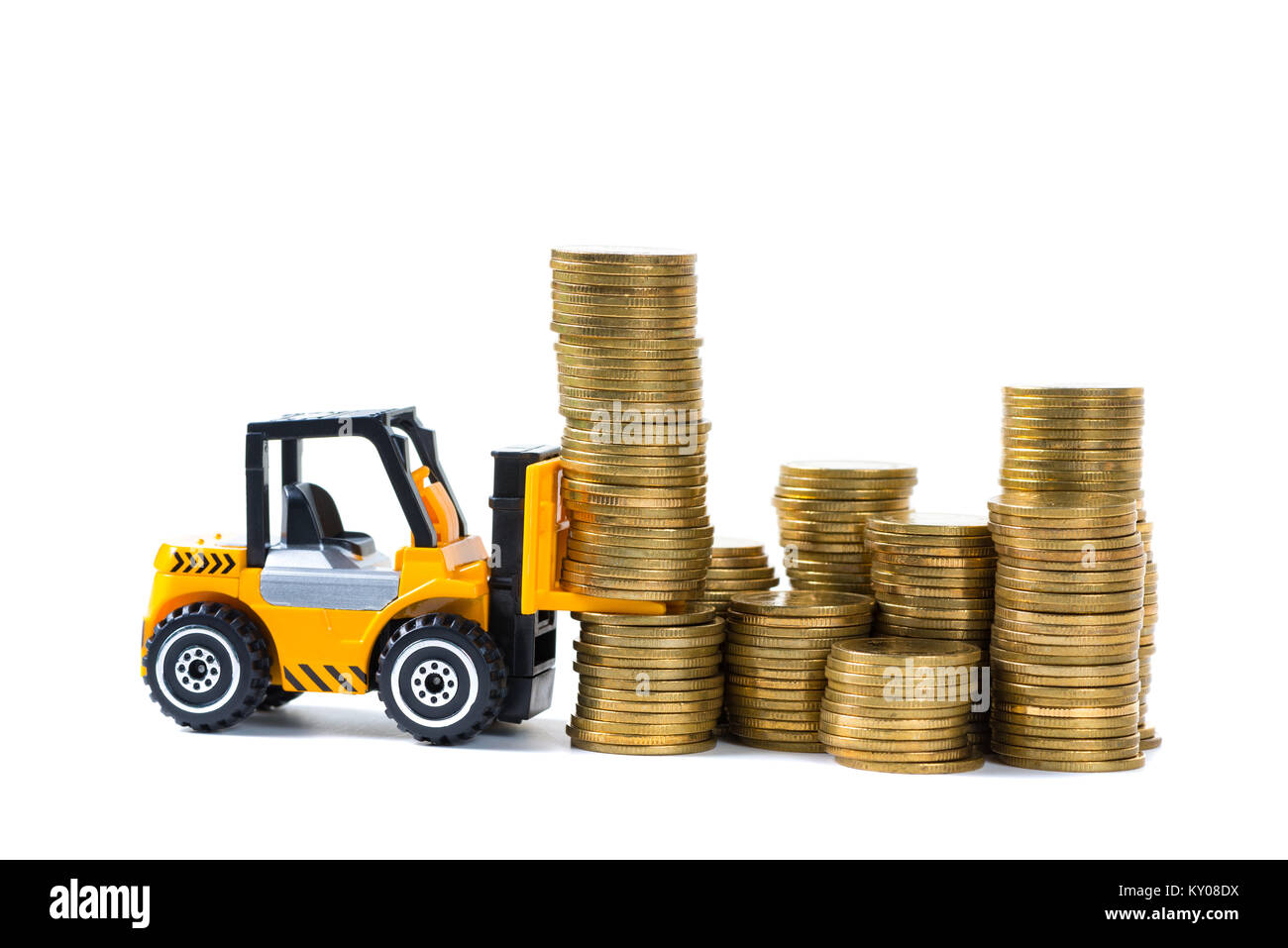 Mini forklift truck loading stack coin with steps of gold coin ...