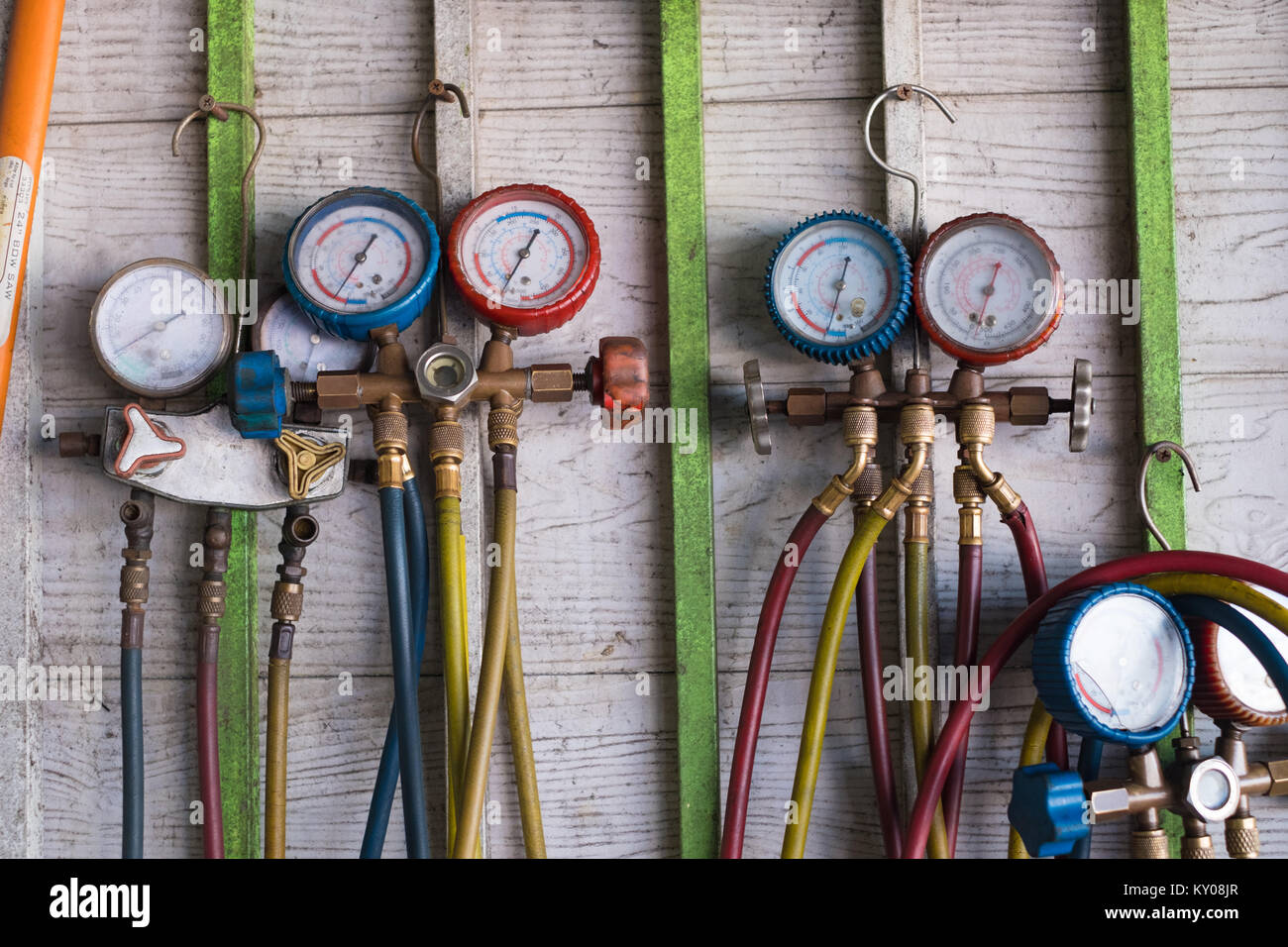 Pressure gauge on the air compressor to measure liquid air pressure for ...