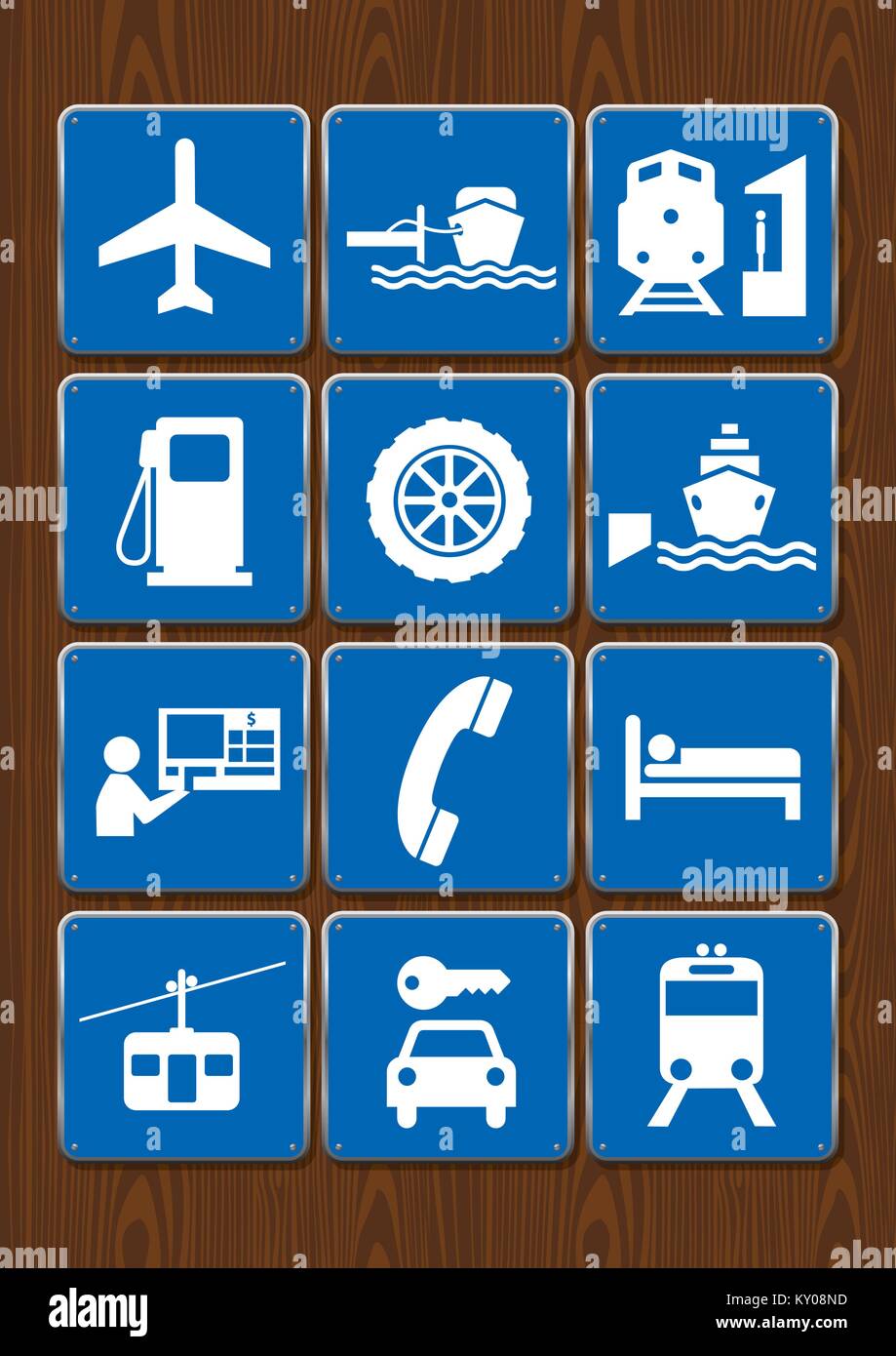 Set icons of airport, gas station, port, train station, cable car ...