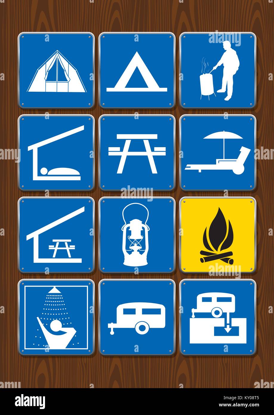 Set of icons of outdoor activities: tent, barbecue area, shelter ...