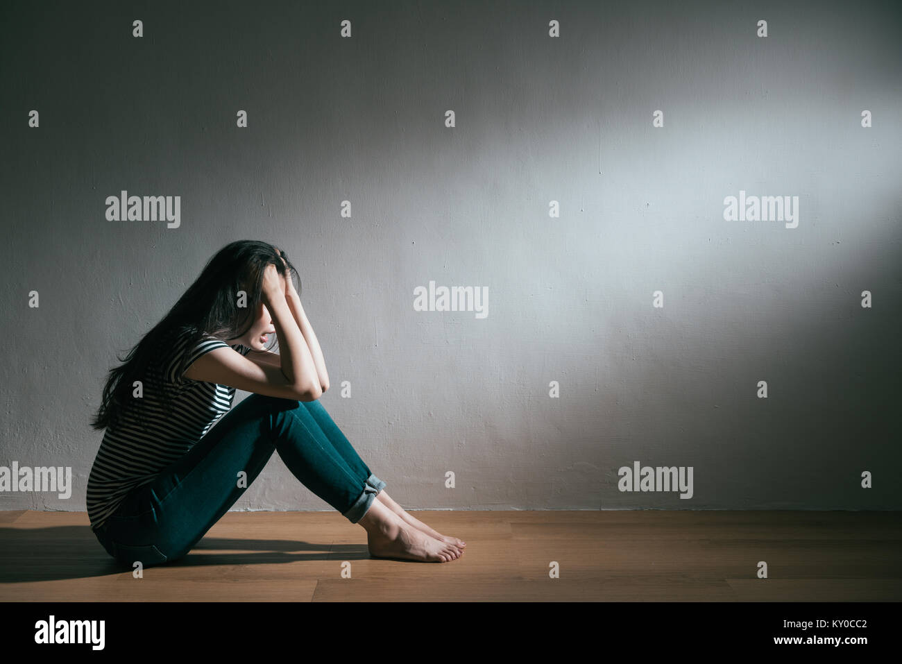 young pretty depression woman love broken sitting on wooden floor ...