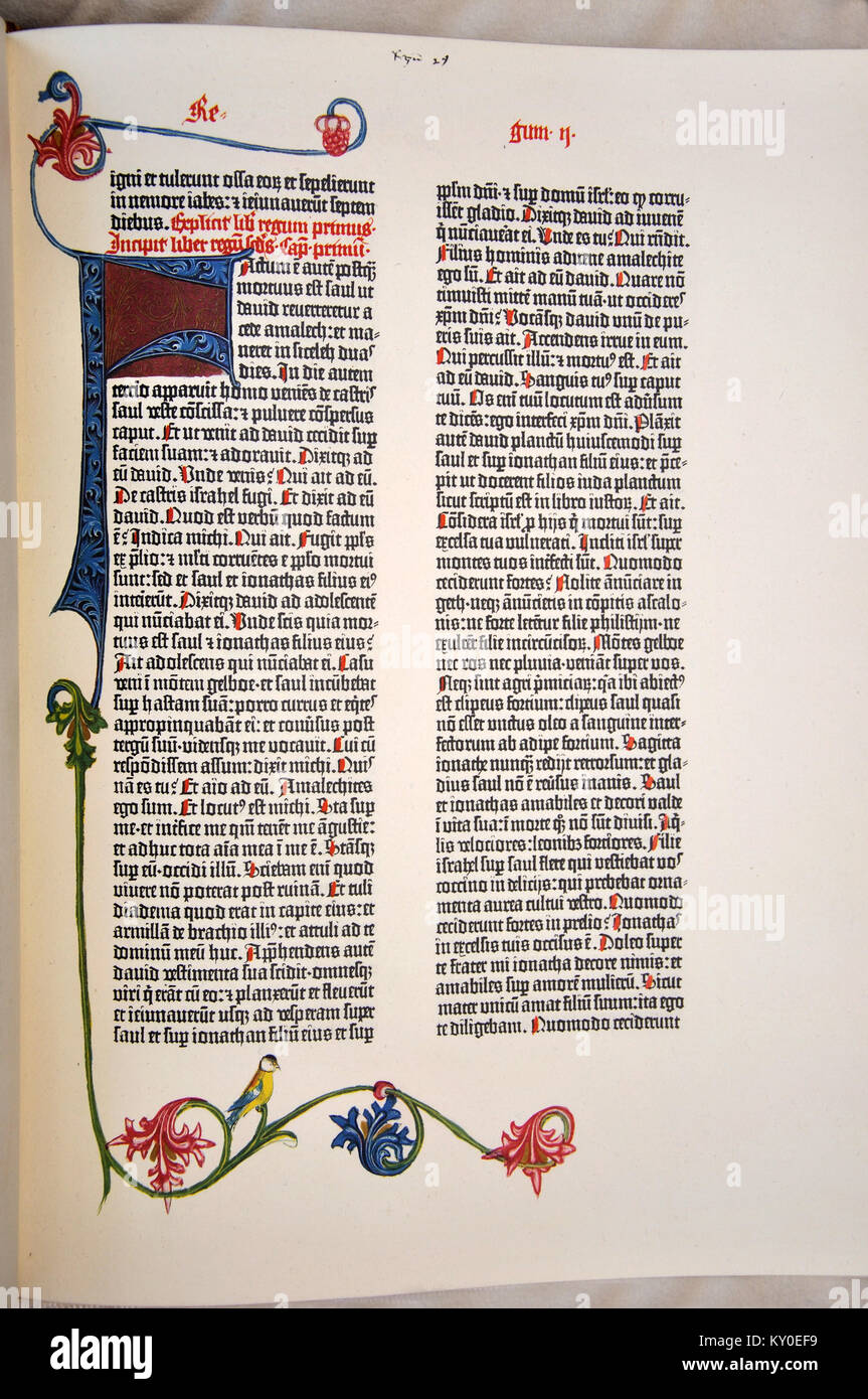 page from a facsimile of the 1455 Gutenberg Bible, the first printed ...