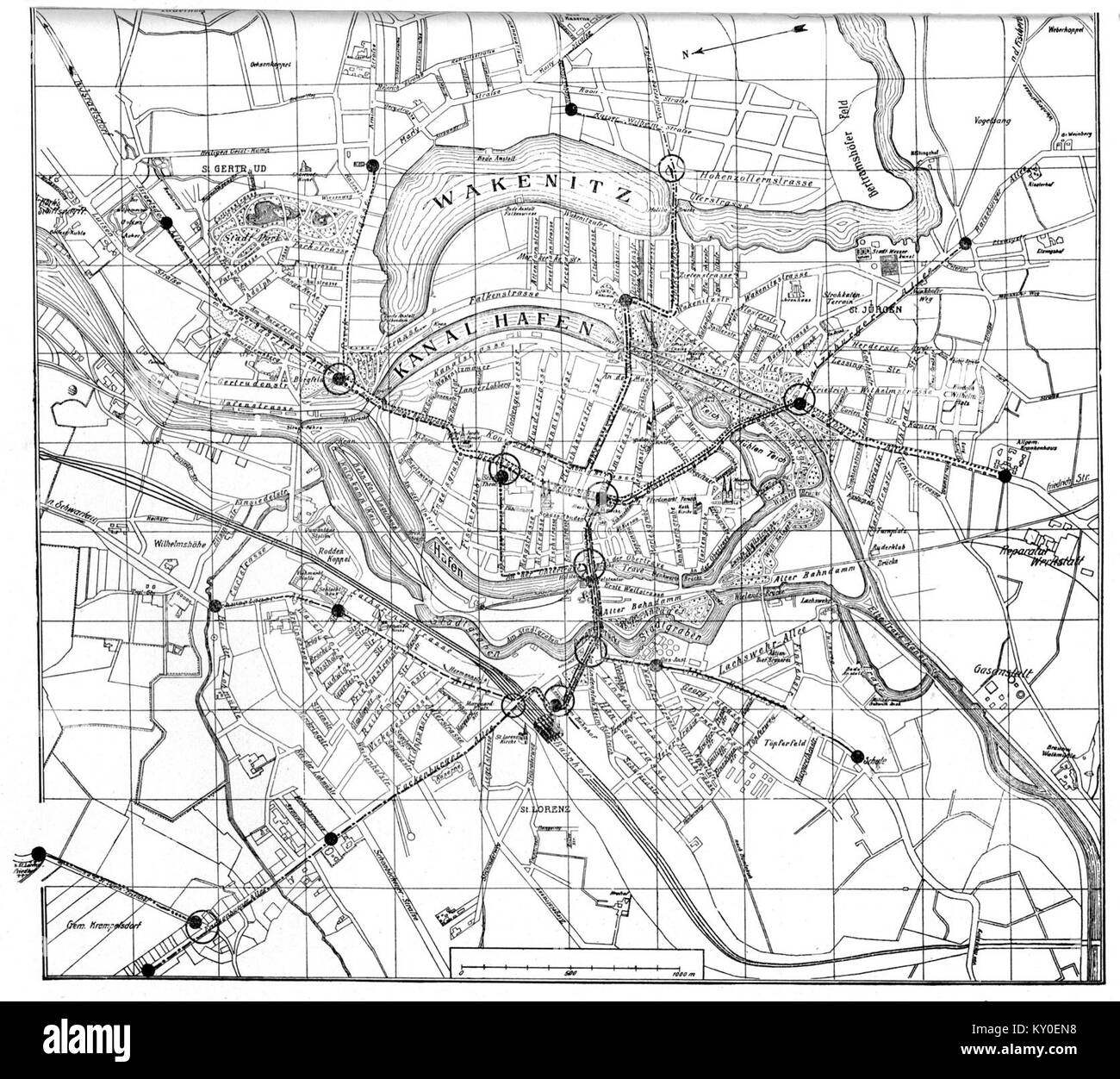 A 1910 map depicting the tram network of Hamburg, Germany, showing ...