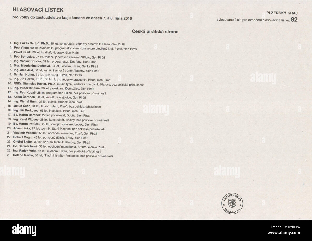 A ballot paper used in the 2016 regional elections in the Czech ...