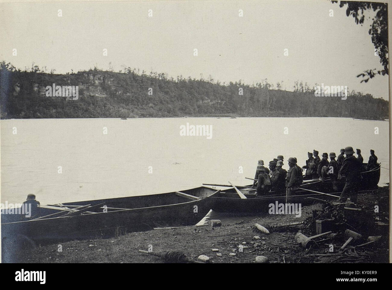 A historical photograph showing troop crossing operations at Falze di ...