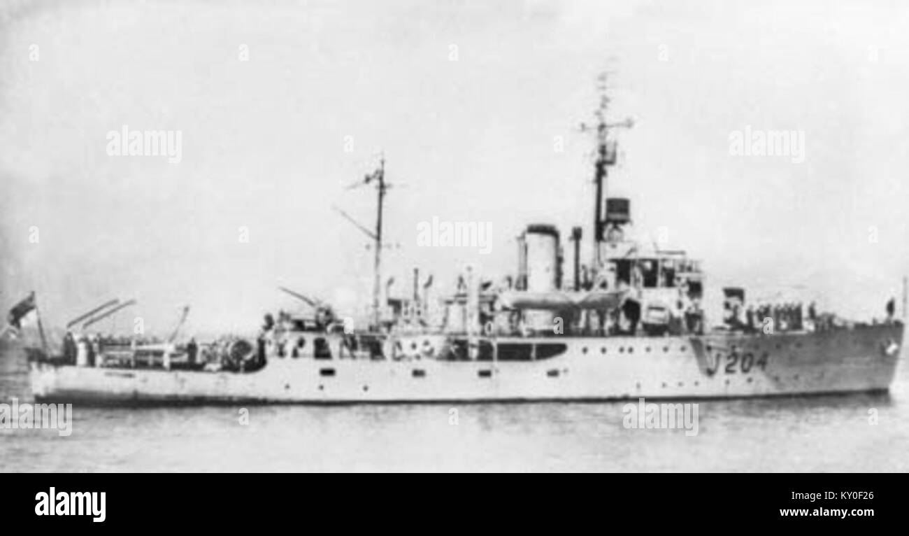 This photograph shows HMAS Katoomba, an Australian naval vessel ...