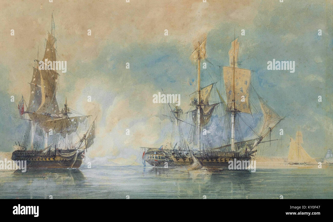 This historical illustration depicts the British ship HMS Crescent ...