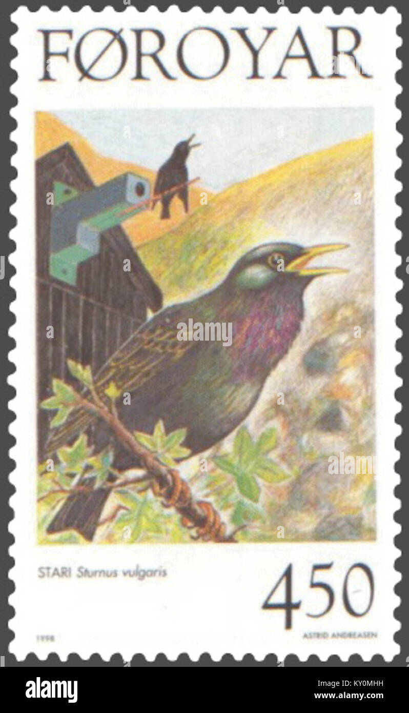 This Faroe Islands stamp features a depiction of a starling (Sturnus ...