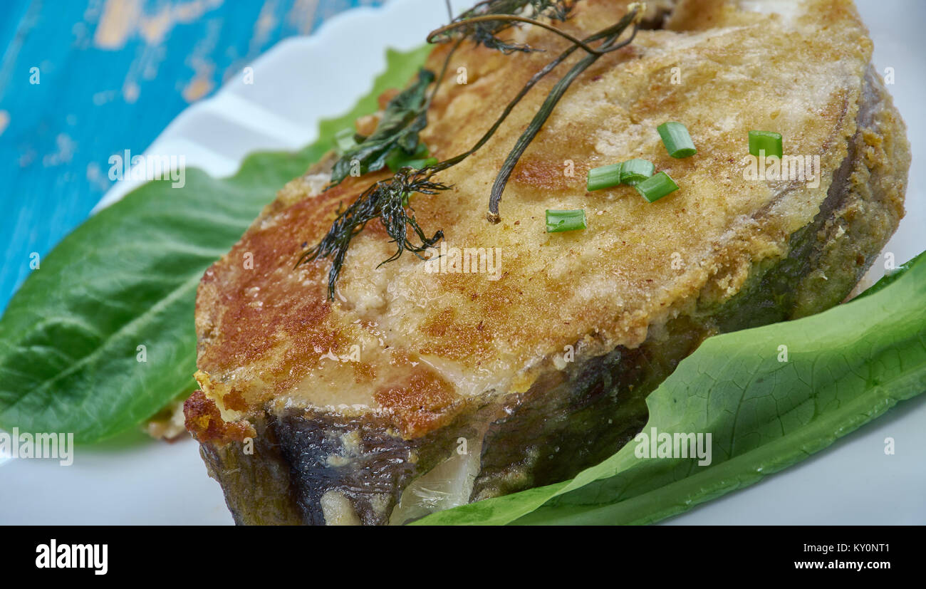 norwegian style cod steak, close up most popular seafood meal in ...