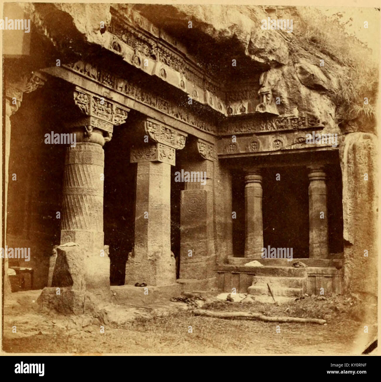 The façade of Cave No. 1 at the Ajanta Caves in India showcases ...