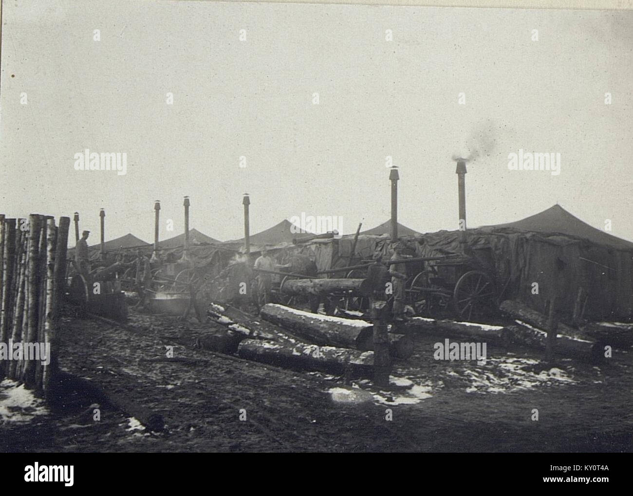 A historical photograph of a field bakery in Ozierj, depicting the ...