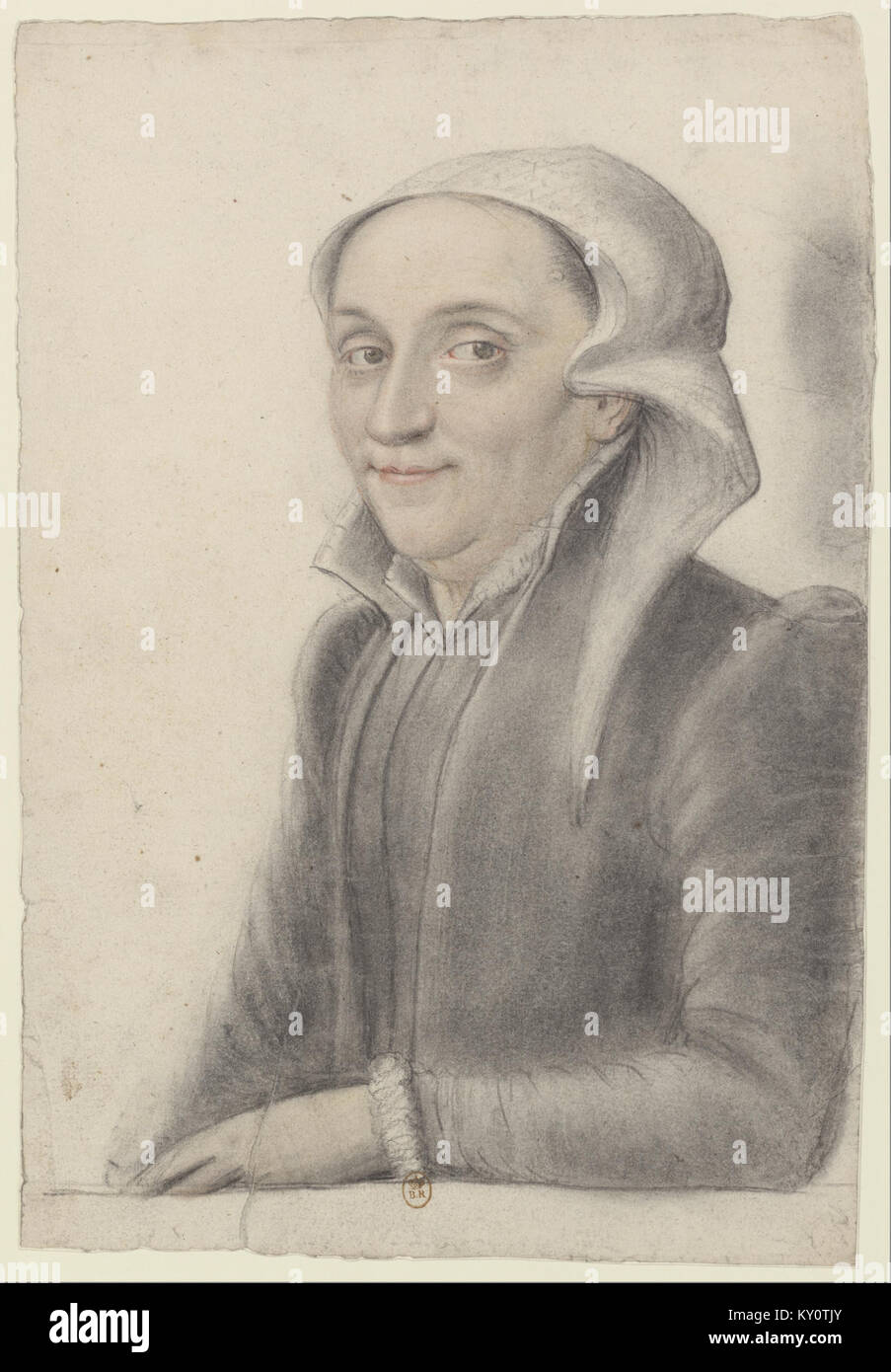 Femme, portant un chaperon à longs bords, de trois quarts à gauche ...