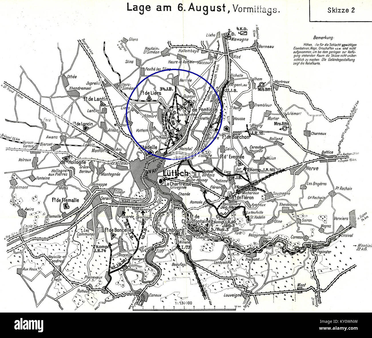 Map of Festung Liège dated August 6, 1914, depicting military ...