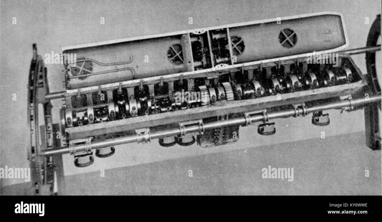 A technical photograph showing the FIAT AS.6 aircraft engine from a top ...