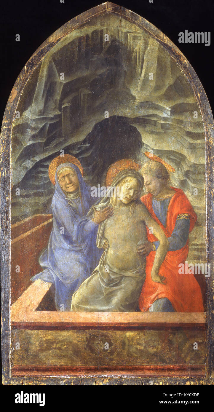 The painting 'Pietà' by Filippo Lippi depicts the Virgin Mary holding ...