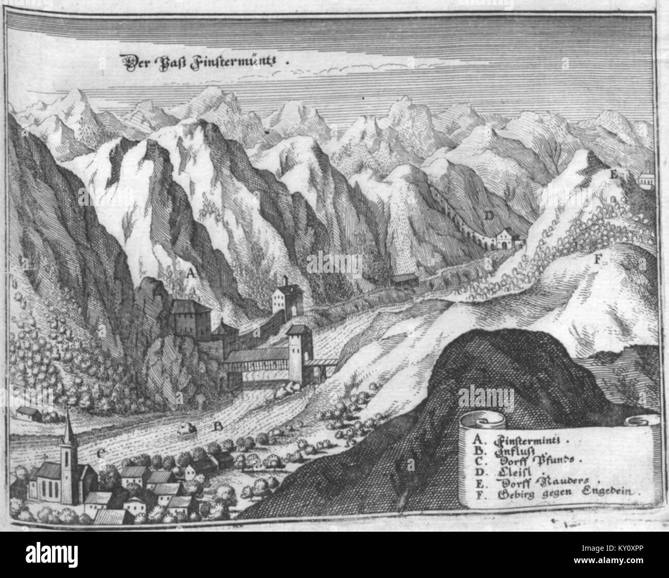 Engraving of Finstermünz by Merian, showing town layout, buildings, and ...