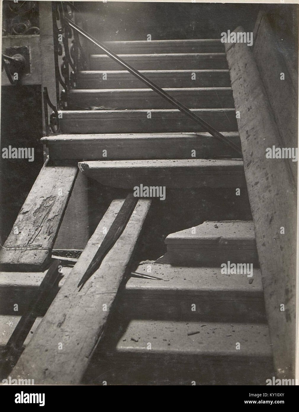 The 1917 photograph shows a destroyed staircase in Trieste caused by an ...
